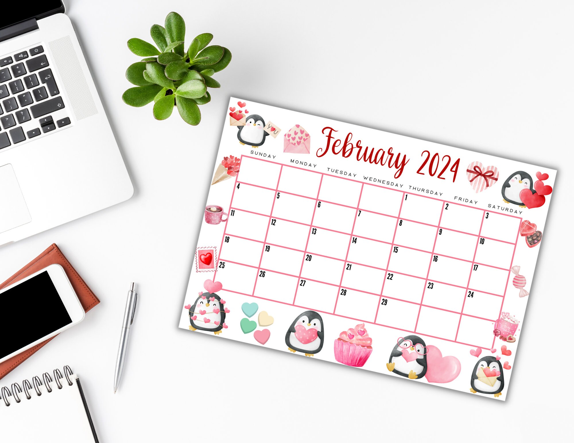 EDITABLE Printable February Calendar 2024 Cute - Etsy