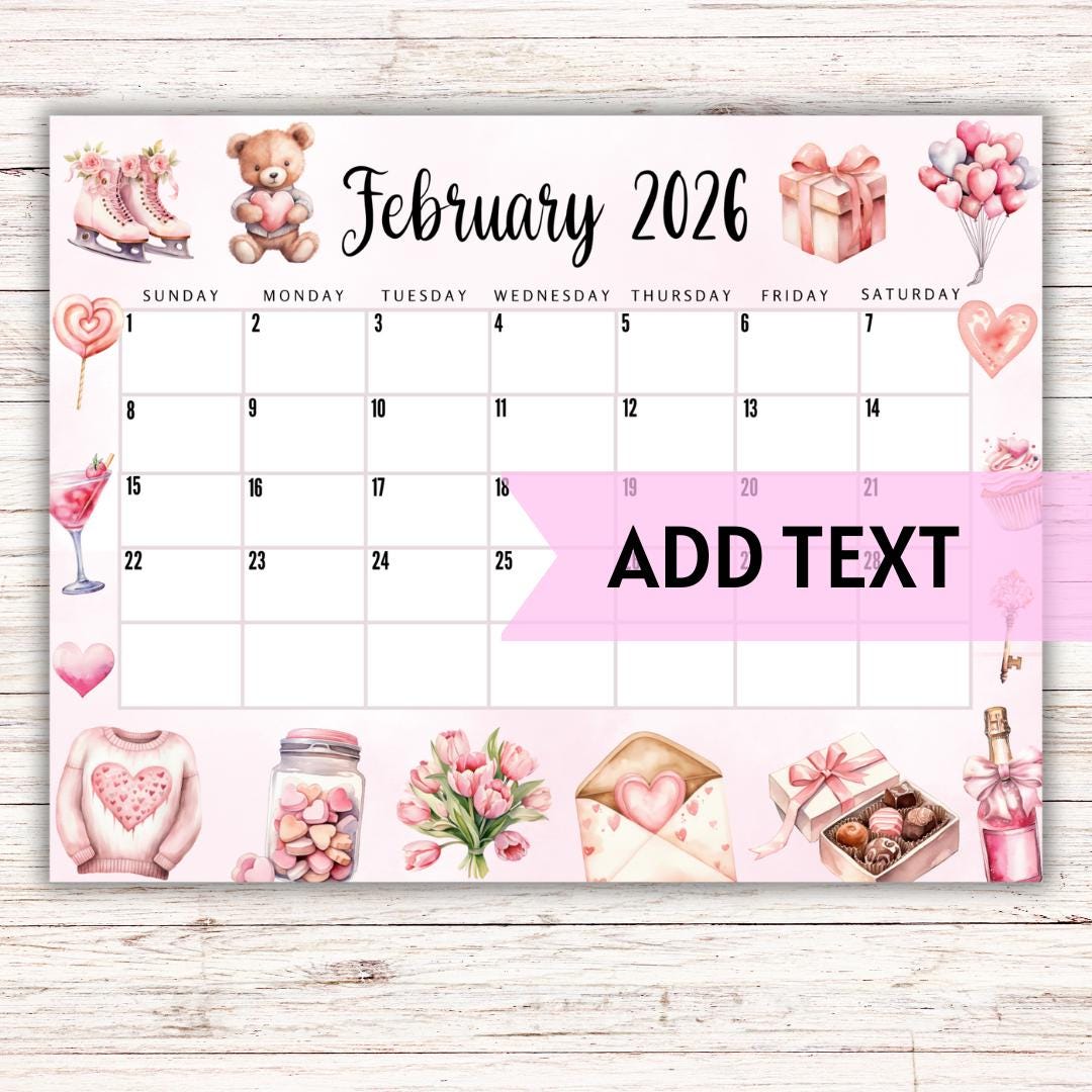 EDITABLE Printable February Calendar 2026 | Cute Valentine's Day ...