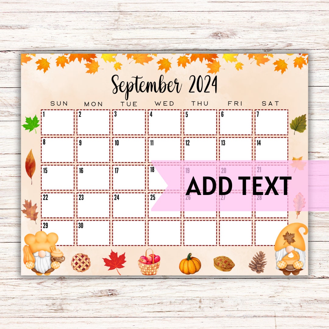 EDITABLE Printable September Calendar 2024 Cute Gnome Fall Calendar W ...