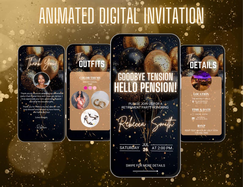 Digital Retirement Party Invitation for Her or Him | Modern Black and ...