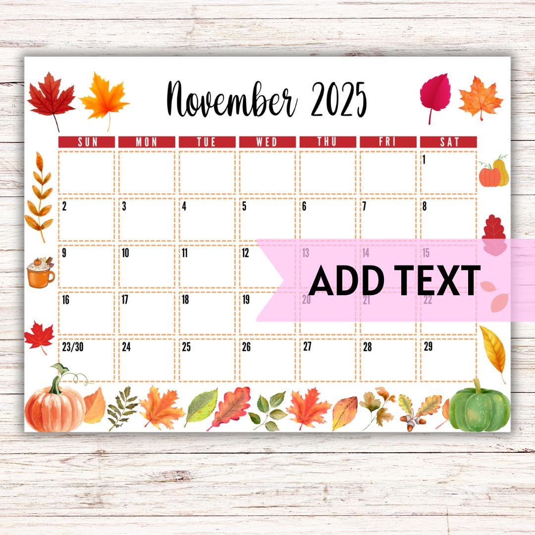Calendario de noviembre de 2025 imprimible y editable / Hermoso ...