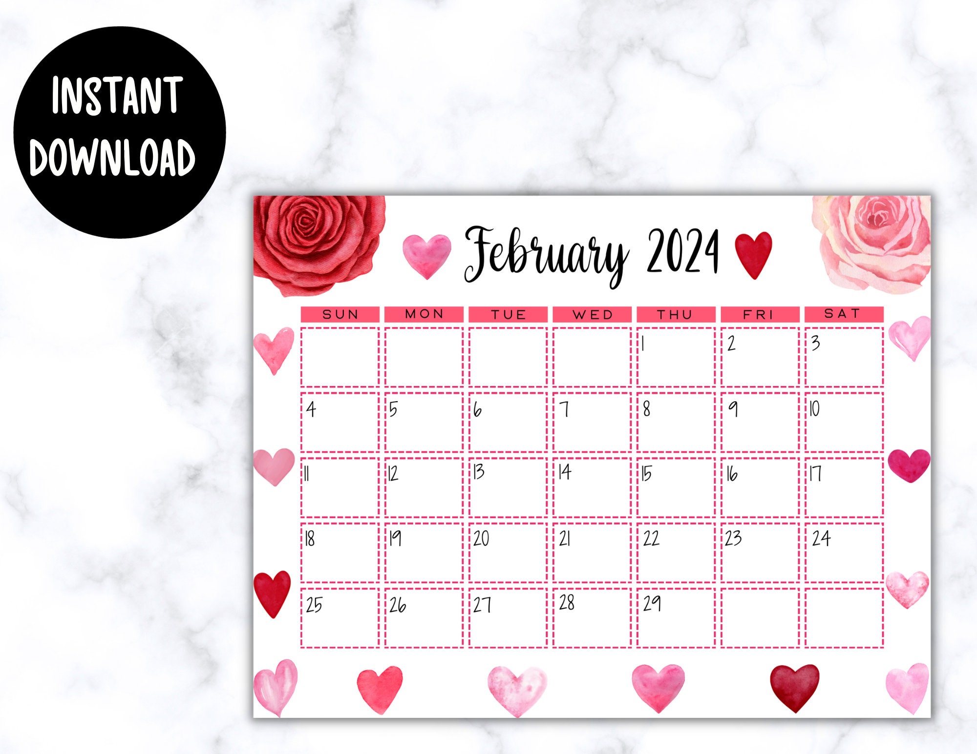 EDITABLE Printable February Calendar 2024 Beautiful Valentine's Day ...