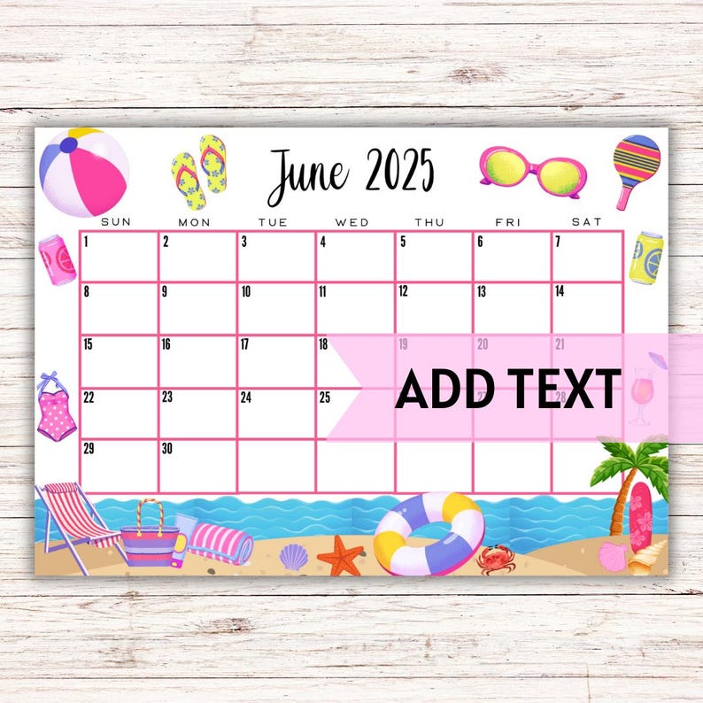 EDITABLE Printable June Calendar 2025 | Beautiful Hot Pink Beach Themed ...