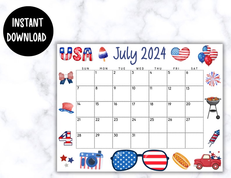 EDITABLE July 2024 Calendar Printable Fourth of July Calendar W ...