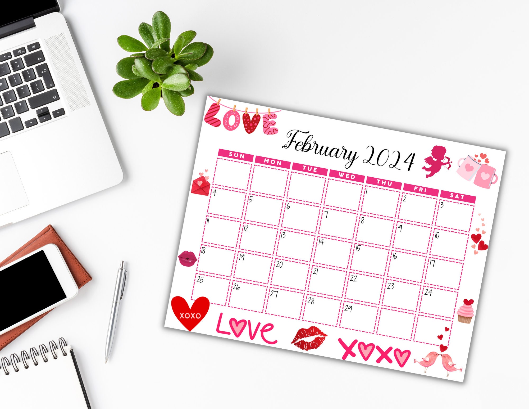 EDITABLE Printable February Calendar 2024 Cute Valentine's Day February ...