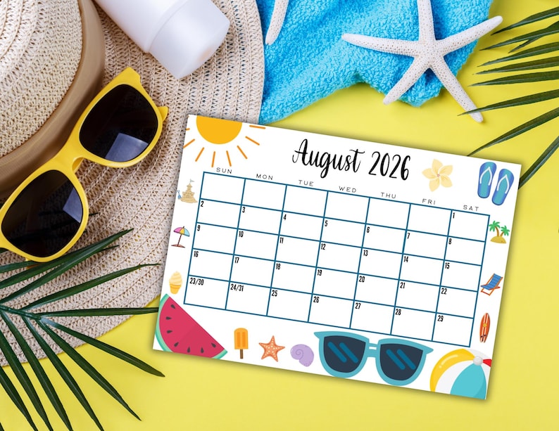 EDITABLE Printable August Calendar 2026 | Cute Summer Themed Calendar W ...