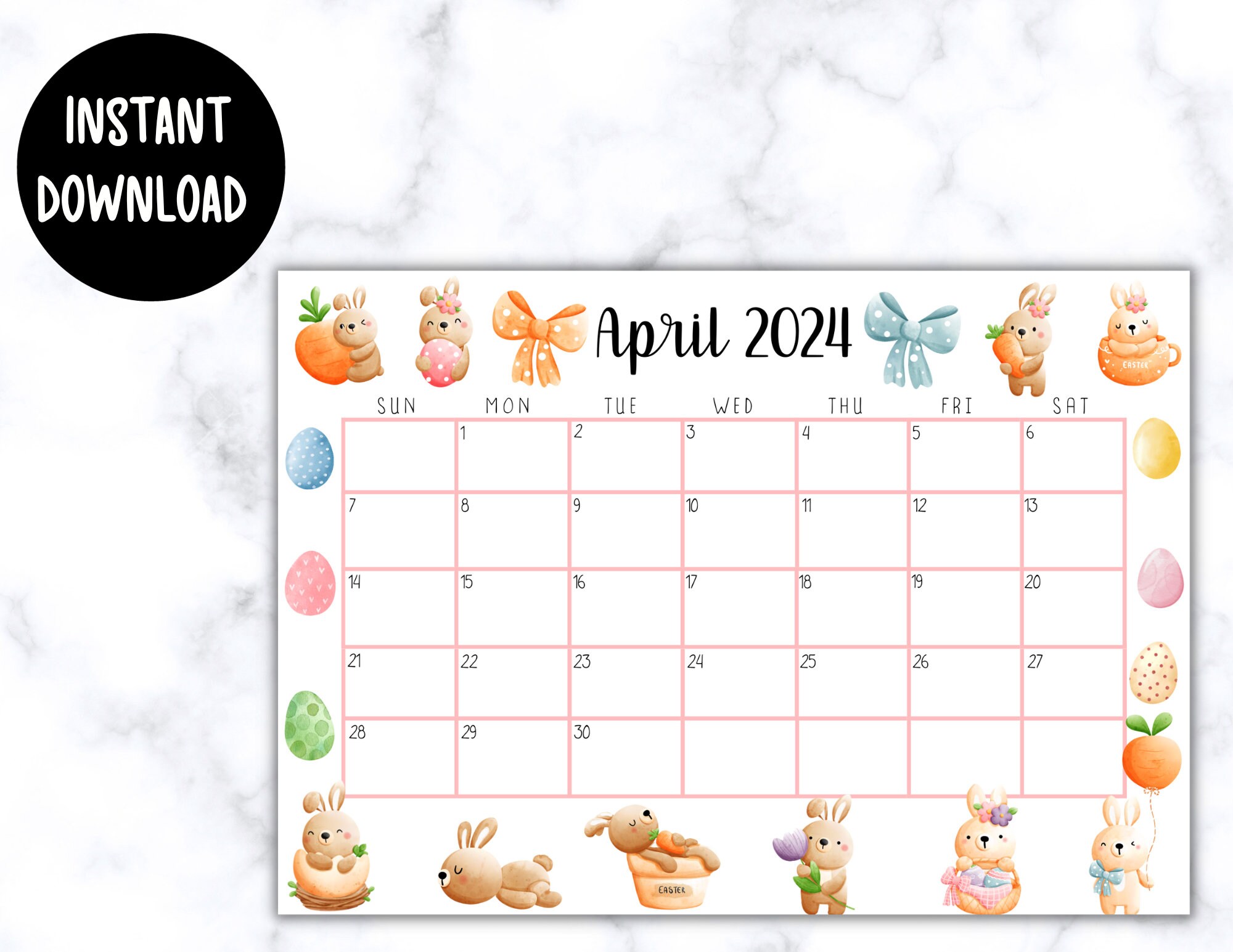 EDITABLE Printable April Calendar 2024 Adorable Easter Bunny Calendar W ...