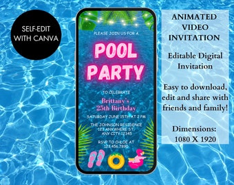 Pool Party Birthday Invitation Video | Neon Beach Theme Tropical Summer ...