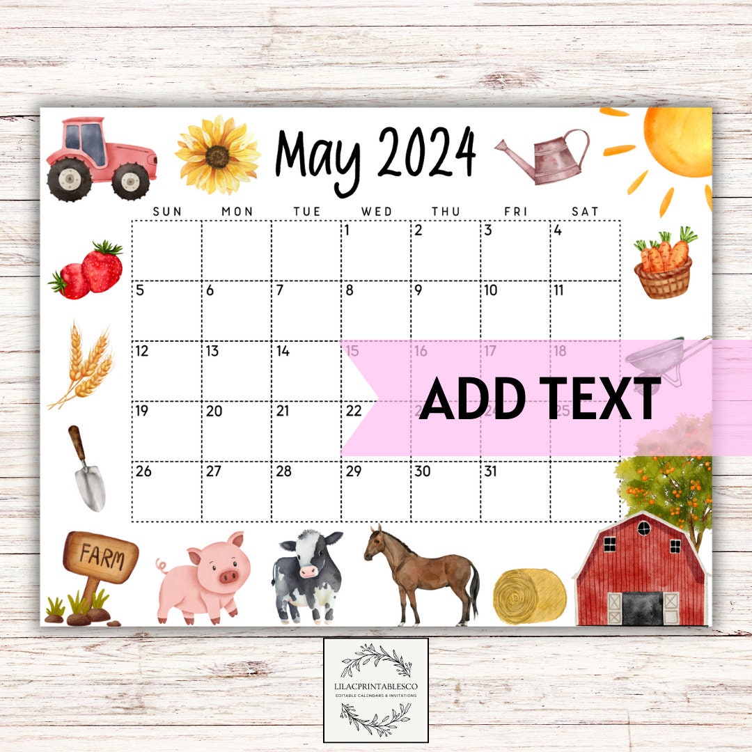 EDITABLE Printable May 2024 Calendar Cute Farm Themed Calendar W/ Farm ...