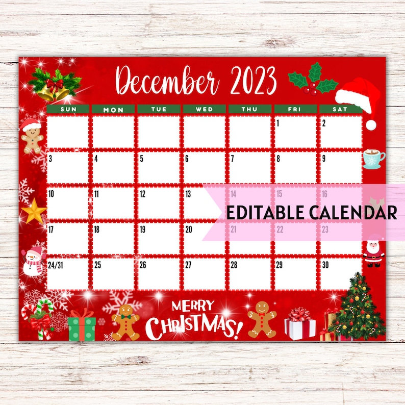 EDITABLE Printable December Calendar 2023 Cute Christmas Calendar ...