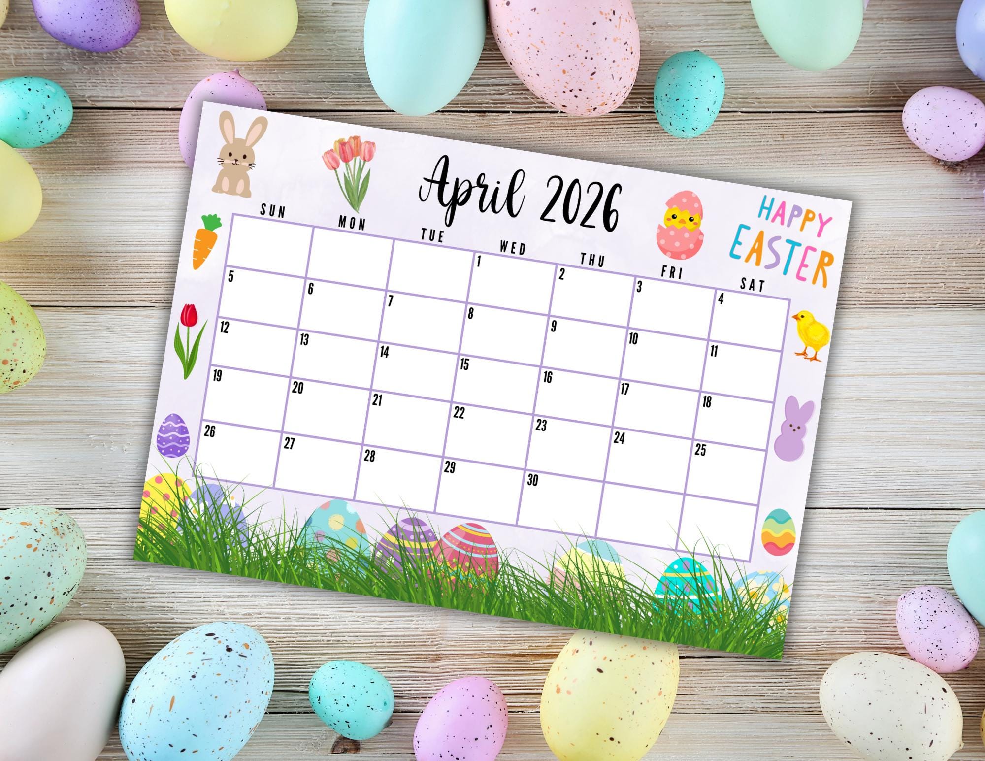 EDITABLE Printable April Calendar 2026 | Cute Easter Calendar W/ Green ...