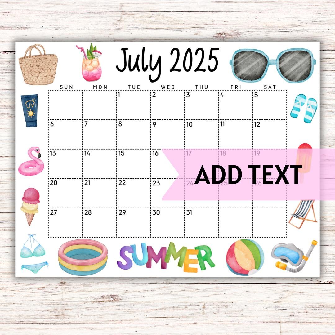 EDITABLE July Calendar 2025 | Cute Printable July Calendar W/ Pool and ...