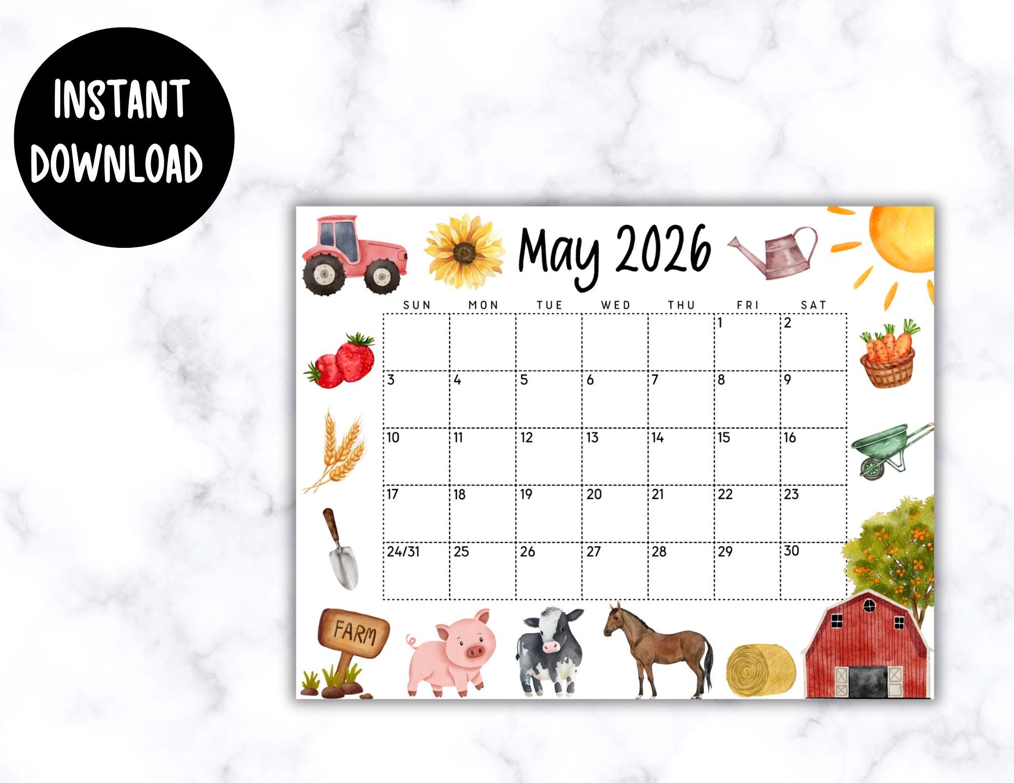 EDITABLE Printable May 2026 Calendar | Cute Farm Themed Calendar W ...