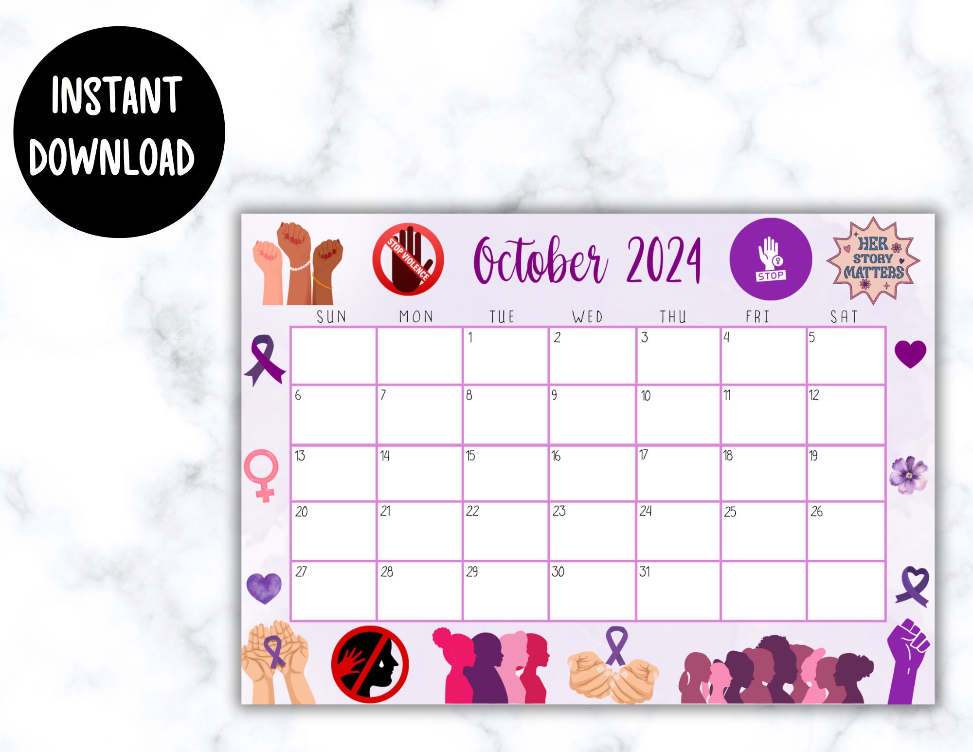 EDITABLE Printable October Calendar 2024 Purple Domestic Violence ...