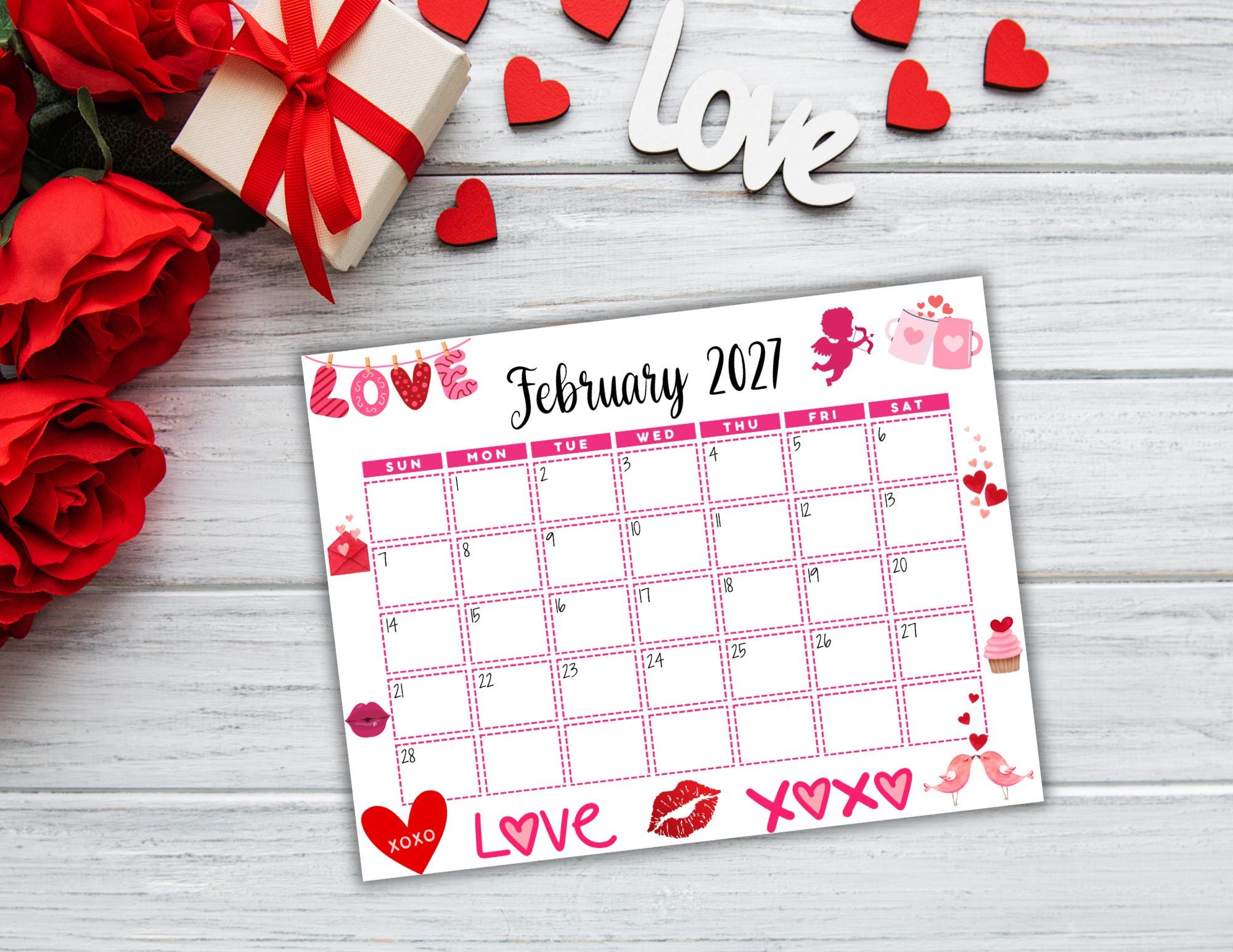 EDITABLE Printable February Calendar 2027 | Cute Valentine's Day ...