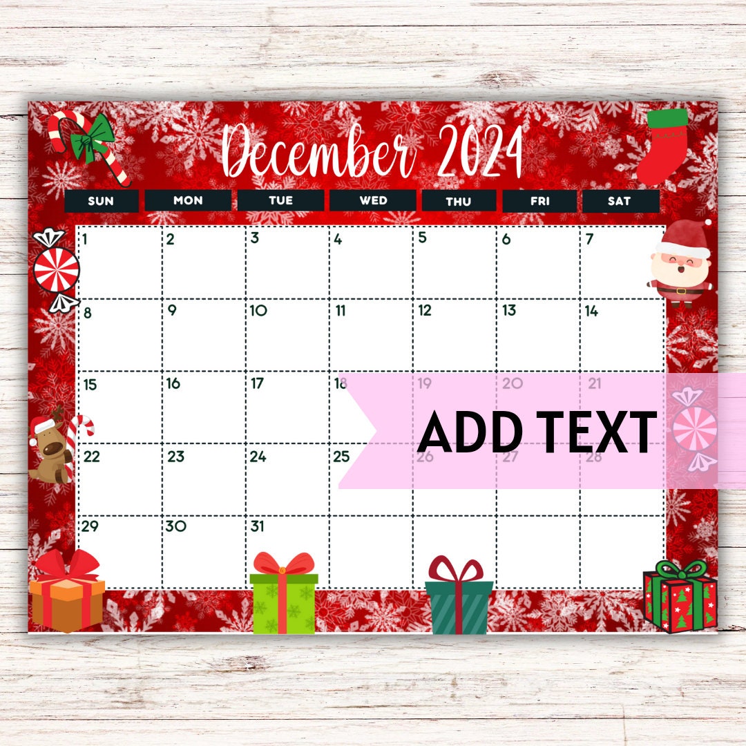 EDITABLE Printable December Calendar 2024 | Christmas Calendar ...