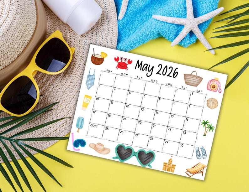 EDITABLE Printable May Calendar 2026 | Cute Beach Themed May Calendar ...