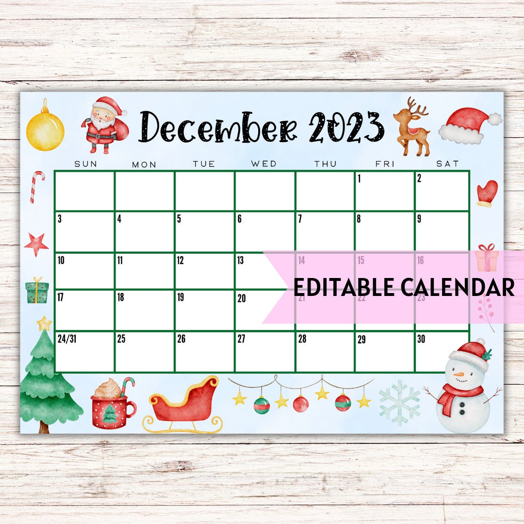 EDITABLE Printable December Calendar 2023 Cute Christmas - Etsy UK