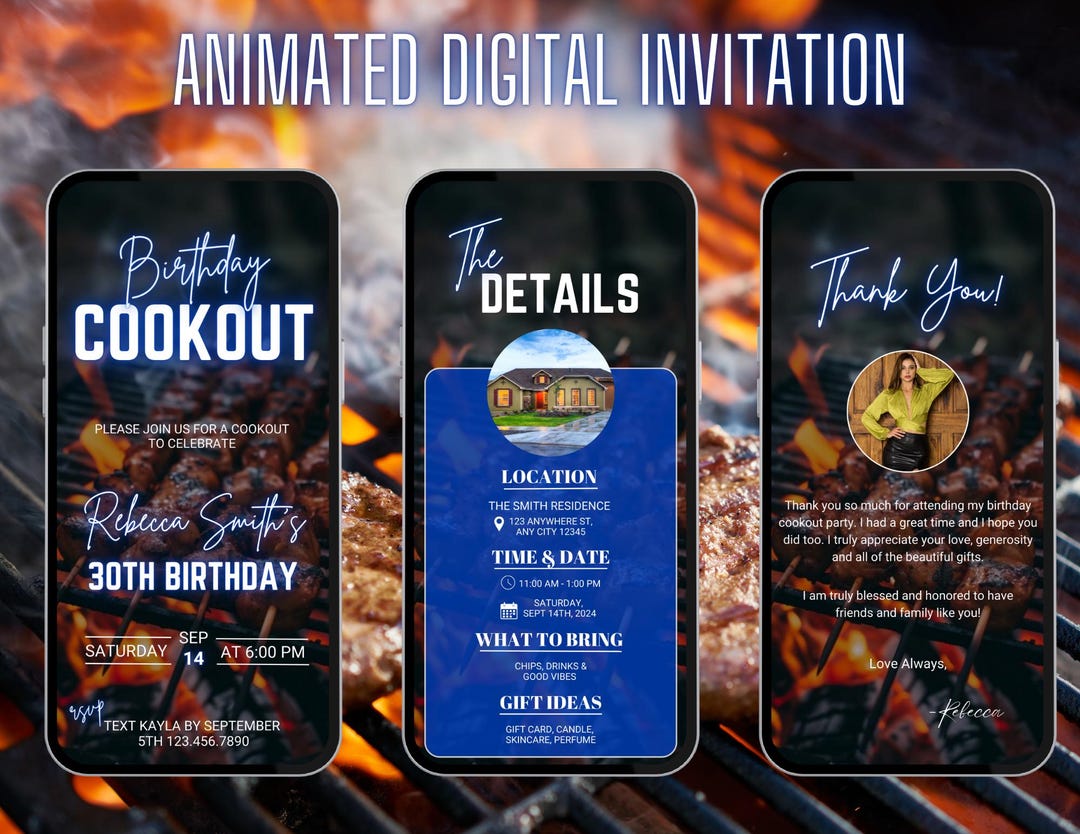 Digital Neon Blue Birthday Cookout Invitation | Animated Backyard ...