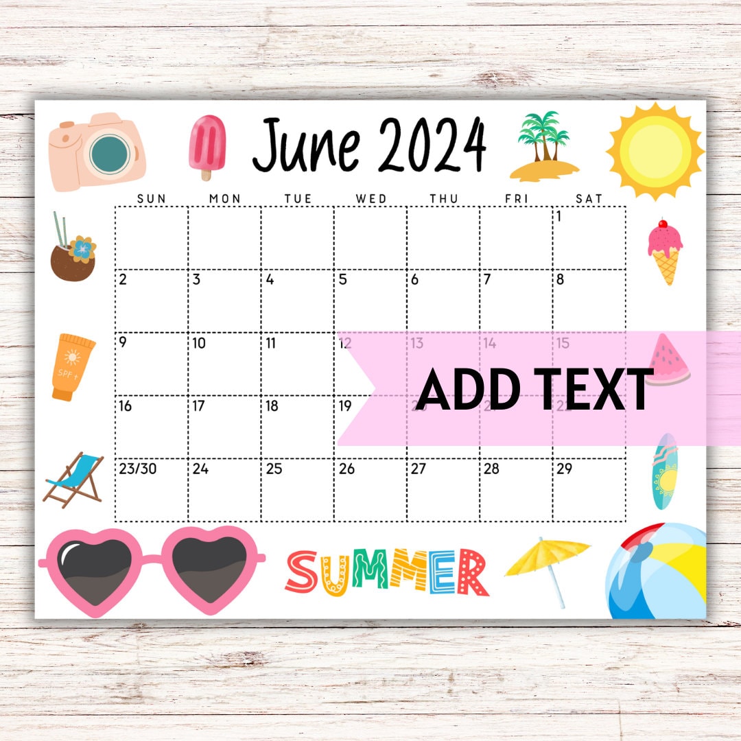 EDITABLE June 2024 Wall Calendar Cute Summer Calendar W/ Beach Chair ...