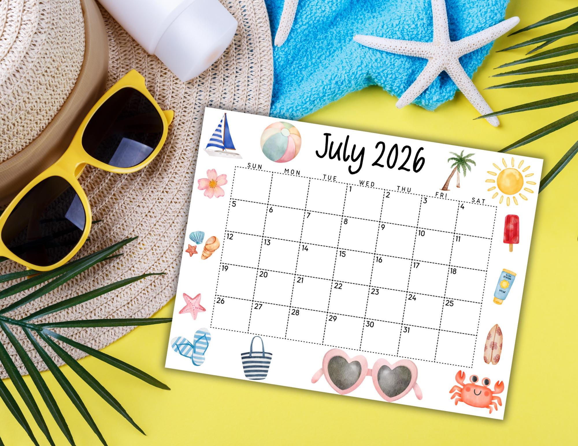 EDITABLE July Calendar 2026 | Cute Printable July Calendar W/ Beach ...