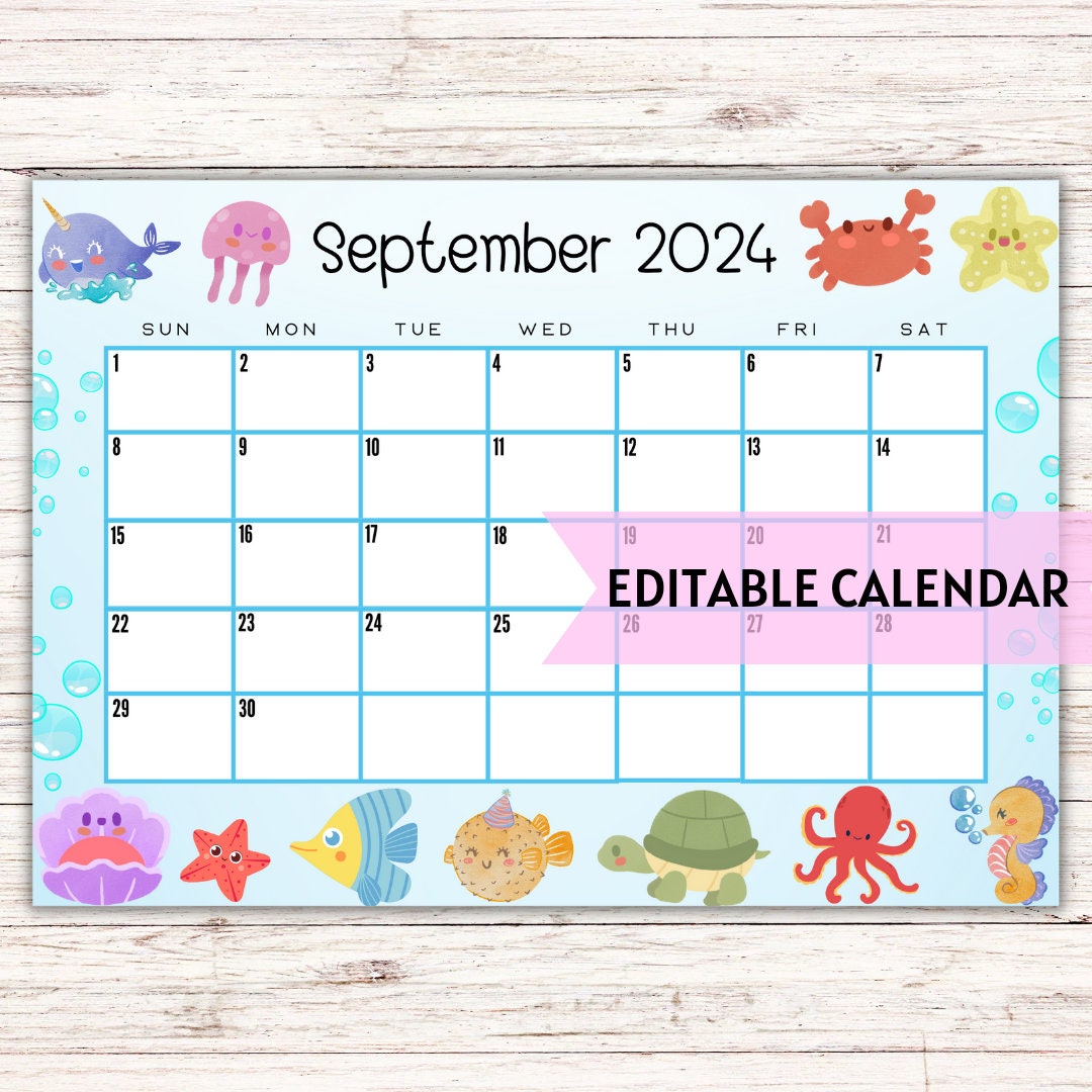 EDITABLE Printable September Calendar 2024 Cute Kid's Sea Creatures ...