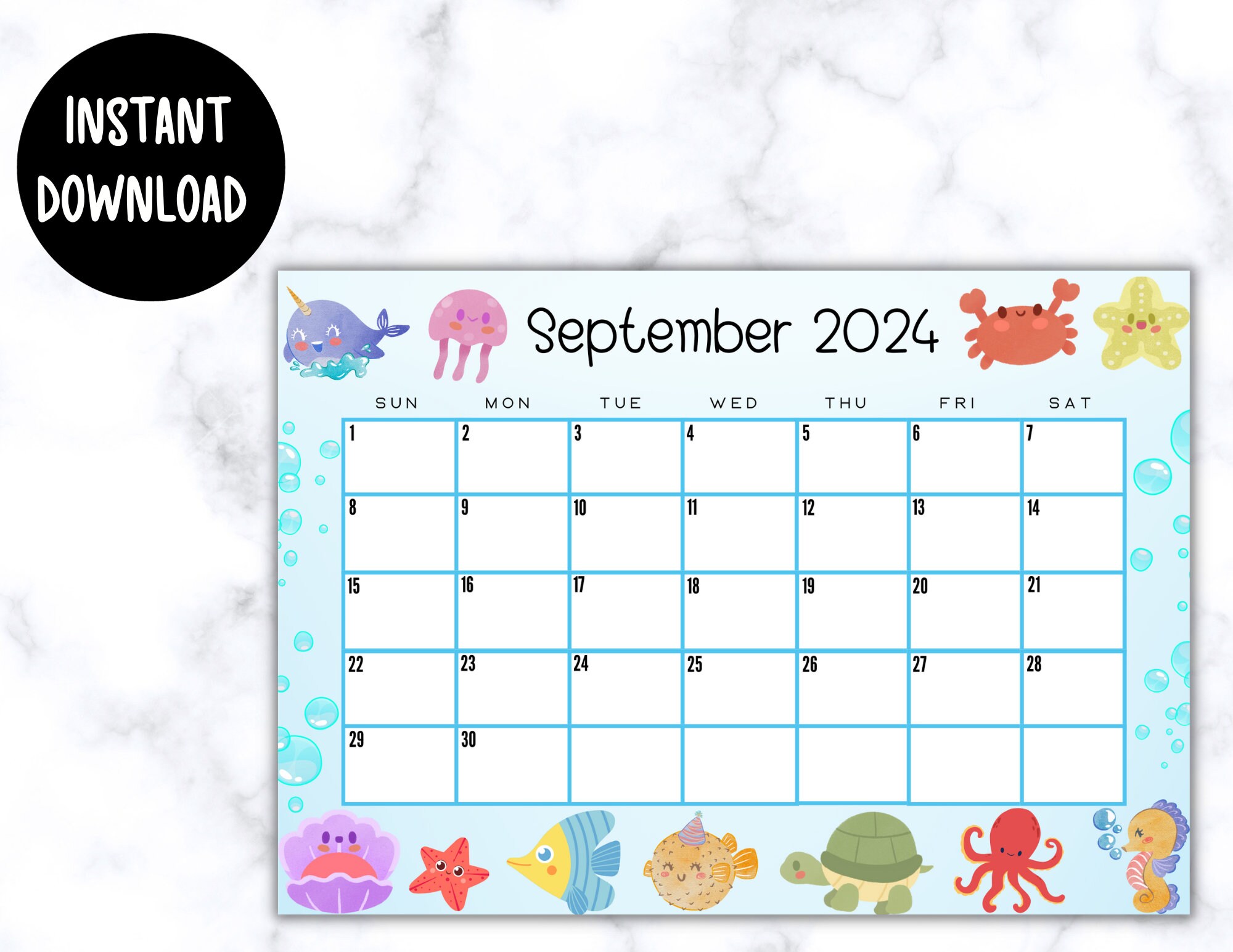 EDITABLE Printable September Calendar 2024 Cute Kid's Sea Creatures ...