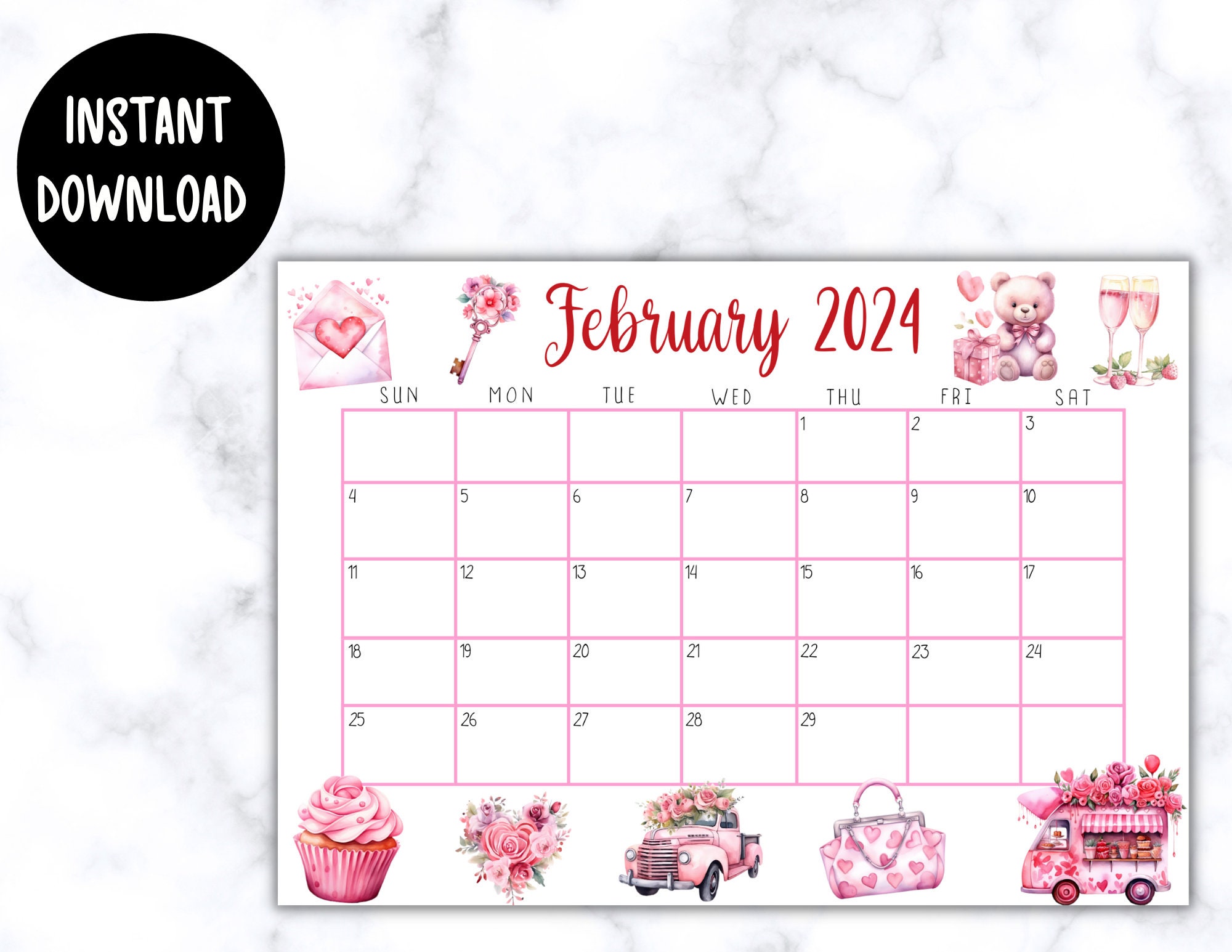 EDITABLE Printable February Calendar 2024 Adorable Vintage Valentine's ...