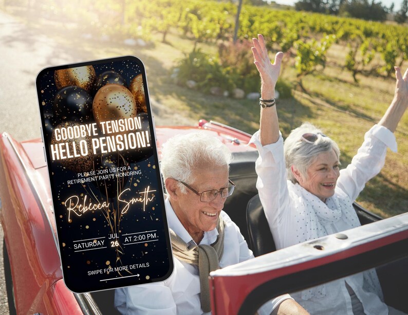 Digital Retirement Party Invitation for Her or Him | Modern Black and ...