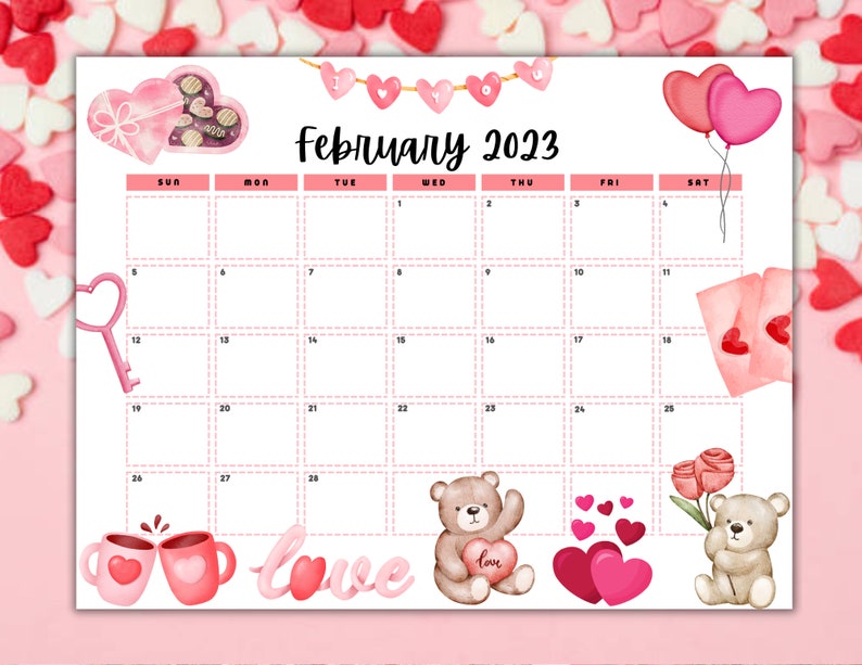 EDITABLE Printable February Calendar 2023 Valentine's - Etsy