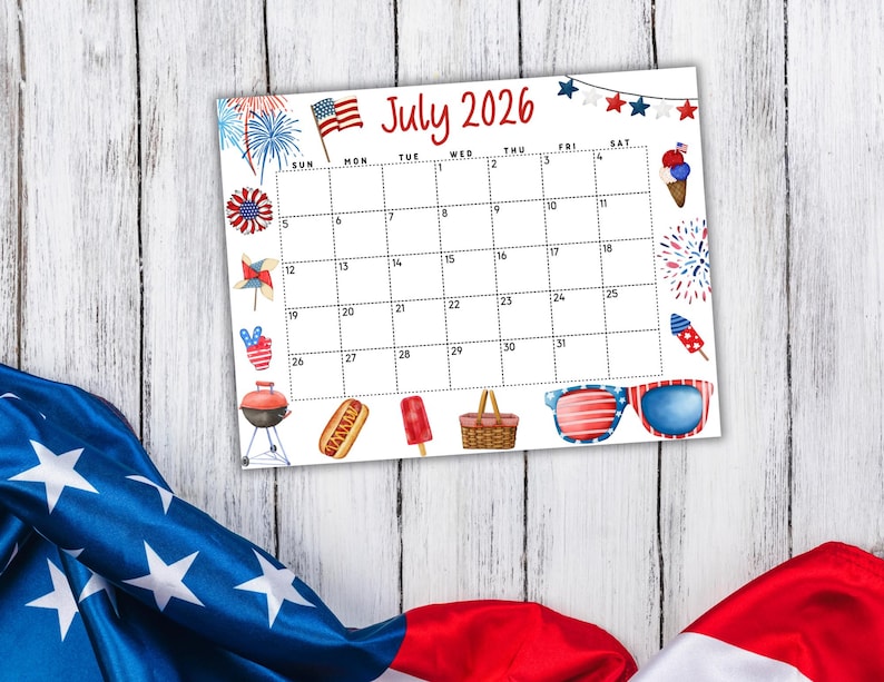 EDITABLE Printable July Calendar 2026 | Cute 4th of July Calendar W ...