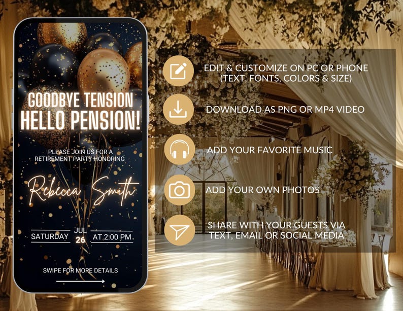 Digital Retirement Party Invitation for Her or Him | Modern Black and ...