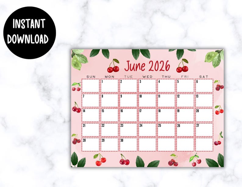EDITABLE Printable June Calendar 2026 | Cute Watercolor Cherry Themed ...