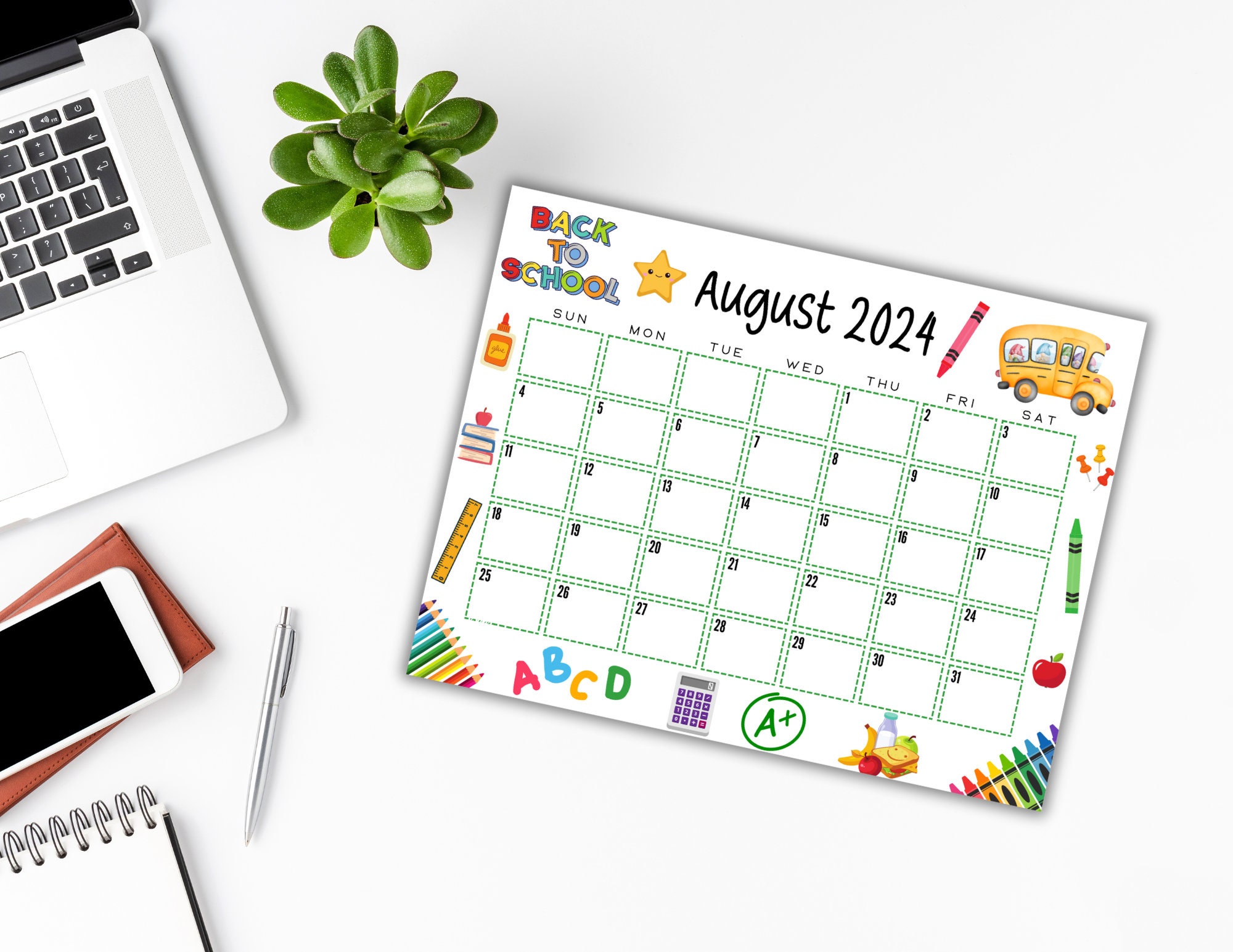 EDITABLE Printable August Calendar 2024 Colorful Back to School ...