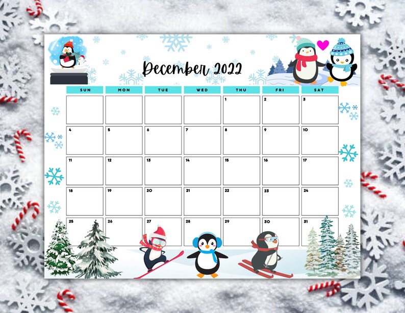 EDITABLE Printable December Calendar 2022 Christmas Penguin - Etsy