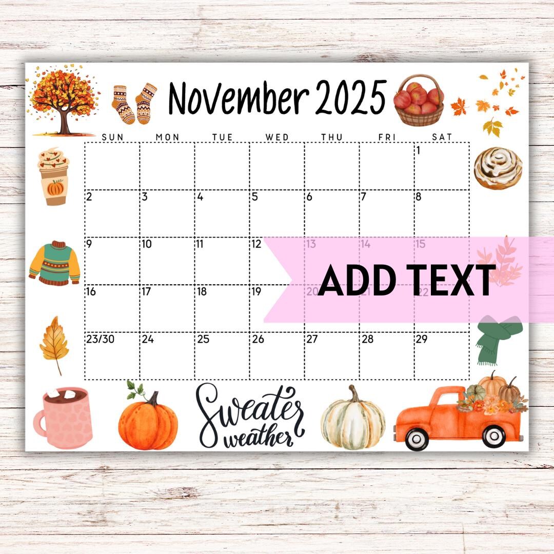 PRINTABLE November 2025 Calendar | Editable Fall Calendar | Wall ...
