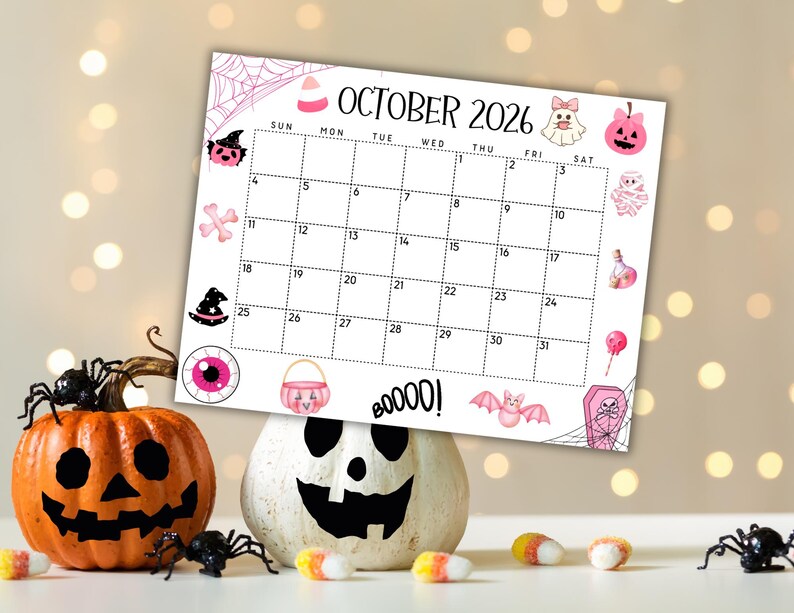 EDITABLE Printable October 2026 Calendar | Cute & Spooky Pink Halloween ...