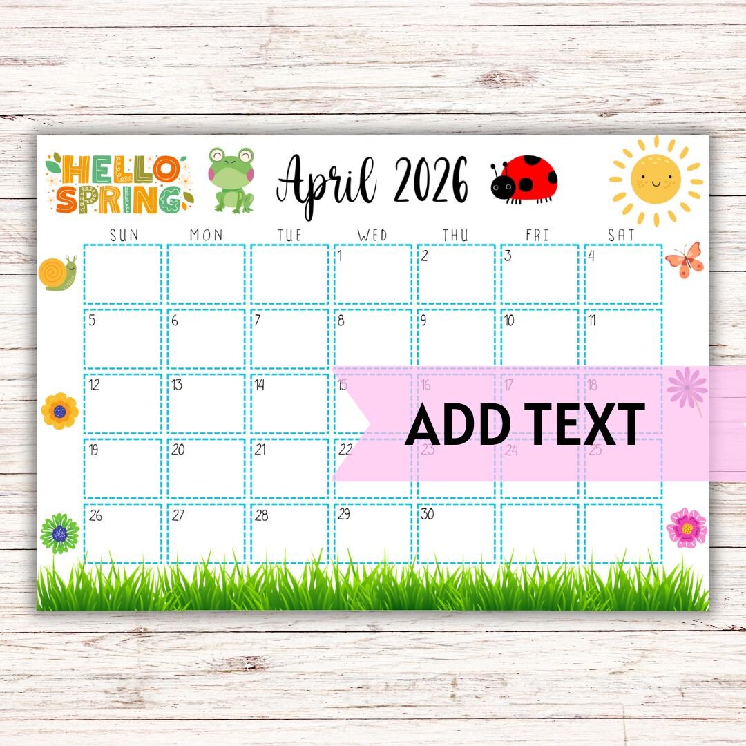EDITABLE April Calendar 2026 | Cute Spring Calendar W/ Green Grass ...