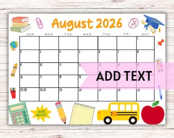 EDITABLE August 2026 Calendar, Printable Back to School Calendar W ...