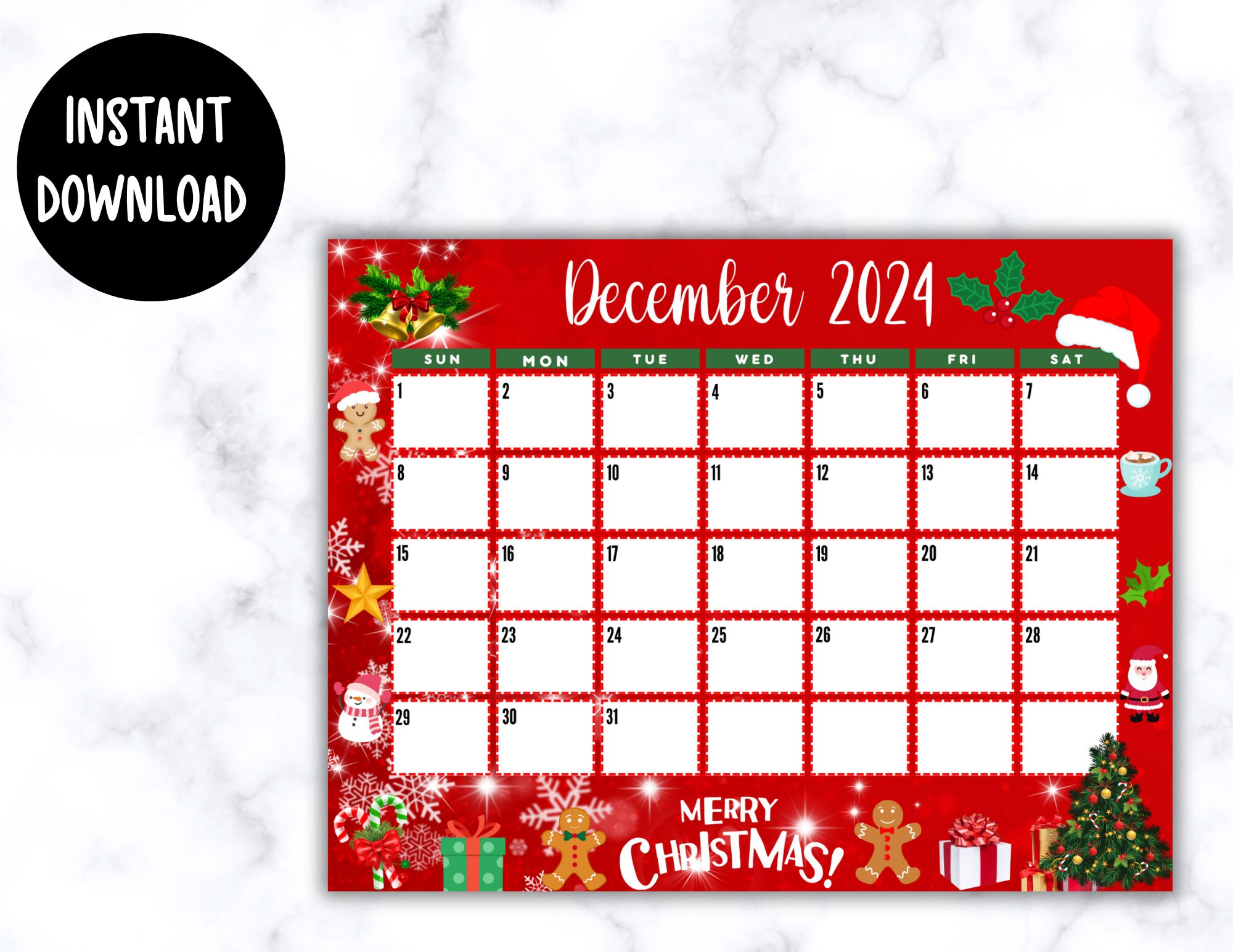 EDITABLE Printable December Calendar 2024 Cute Christmas Calendar ...