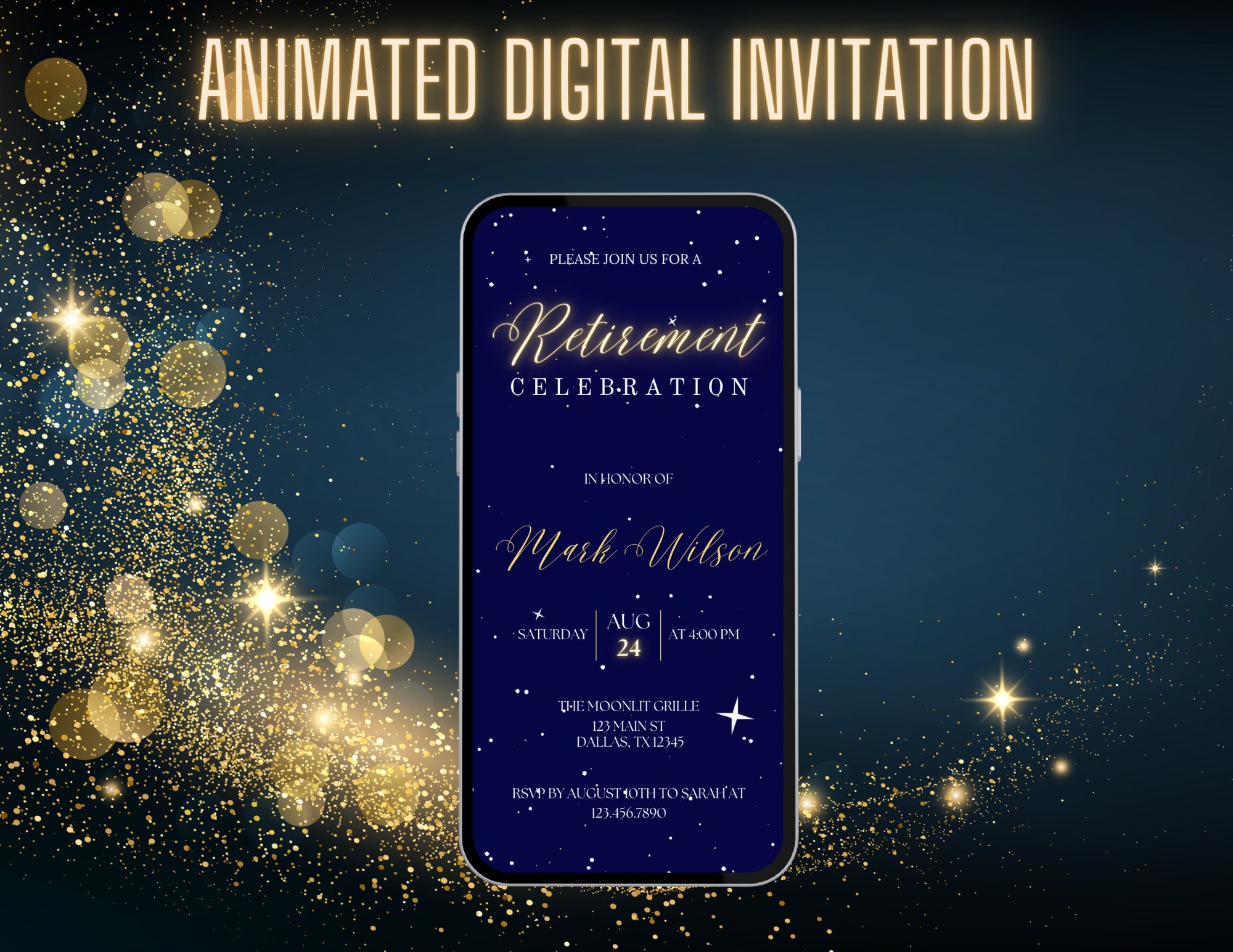 Animated Retirement Party Invitation | Navy Blue and Gold Neon Invite ...