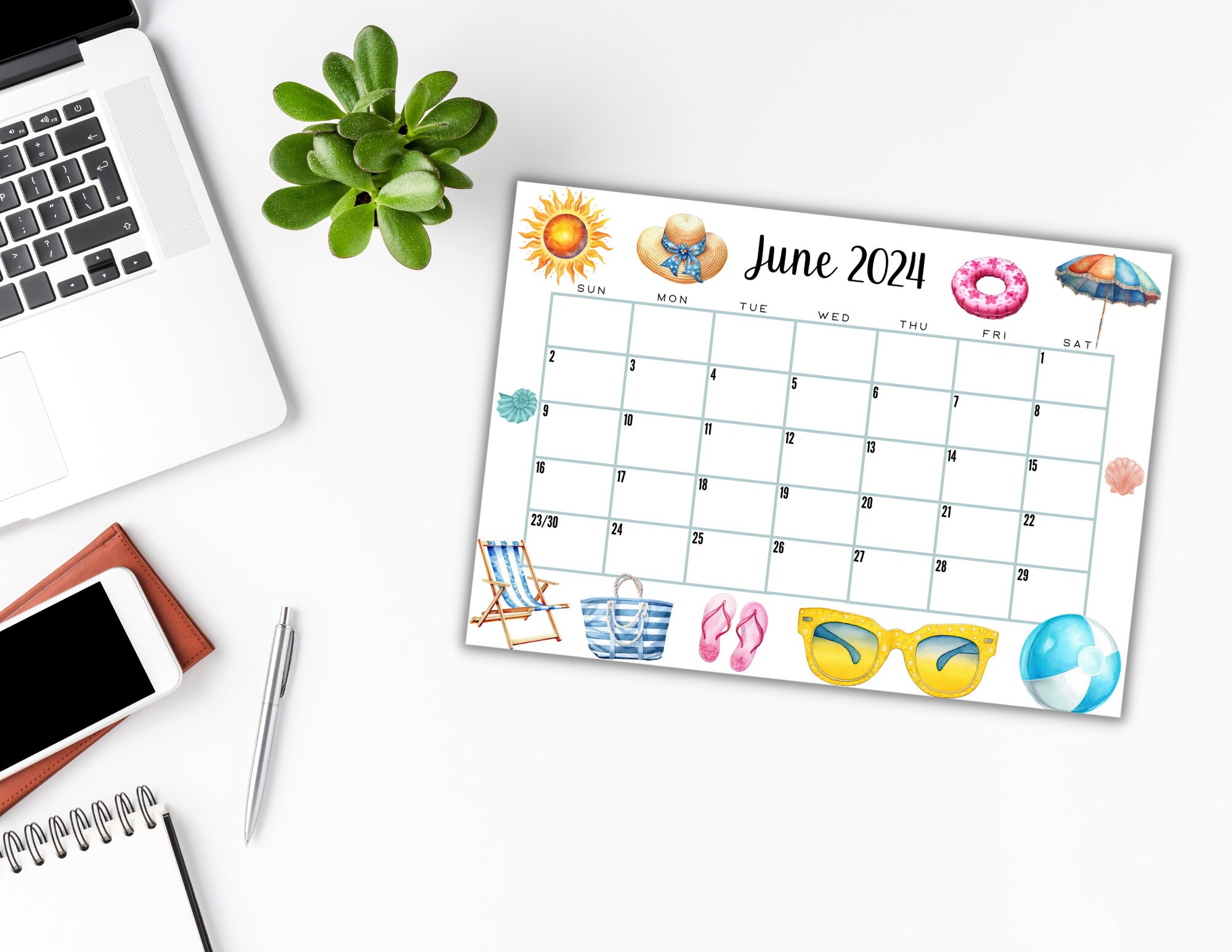 EDITABLE June Calendar 2024 Cute Beach Themed June Calendar W/ Sea ...