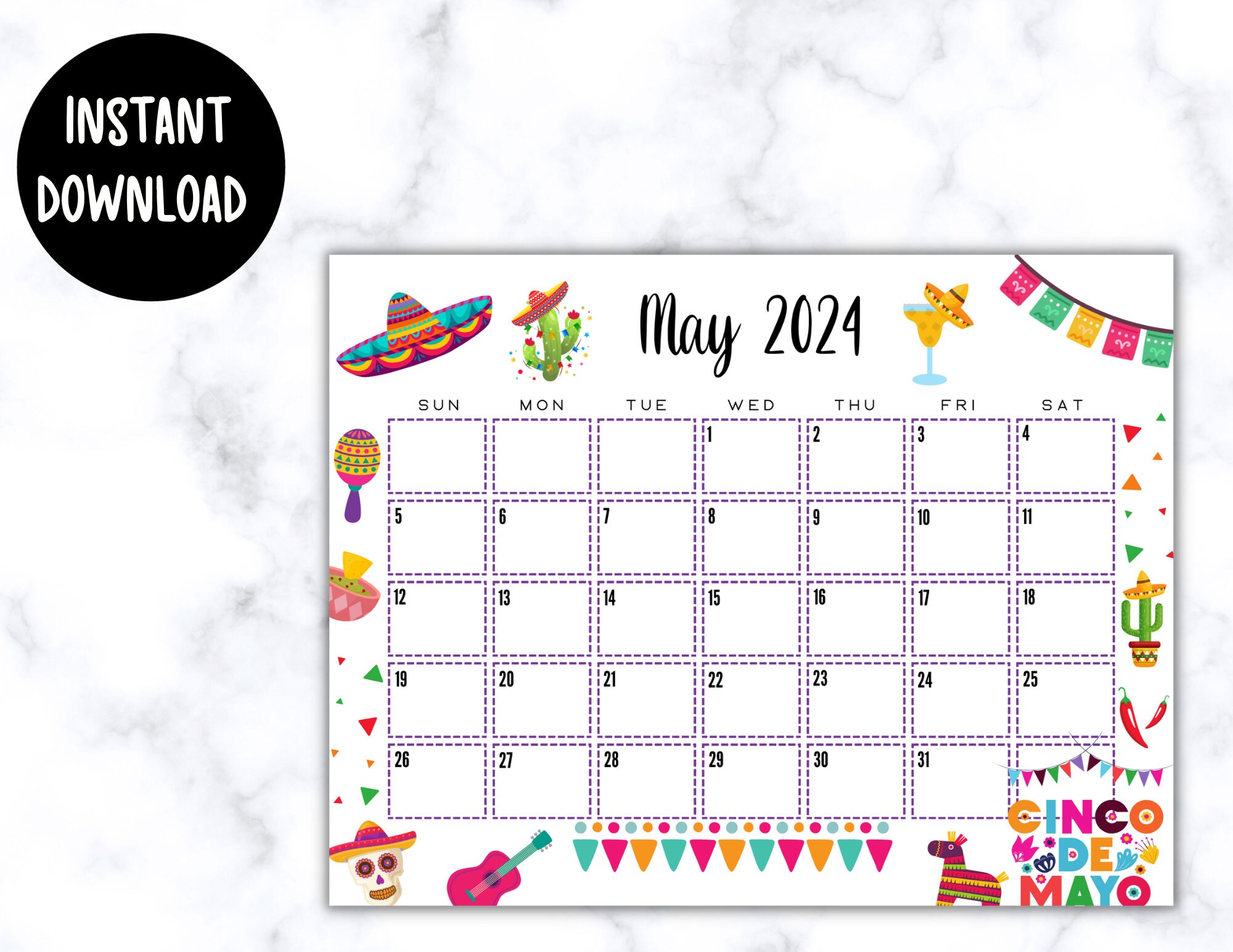 EDITABLE Printable May Calendar 2024 Cinco De Mayo Themed Calendar ...