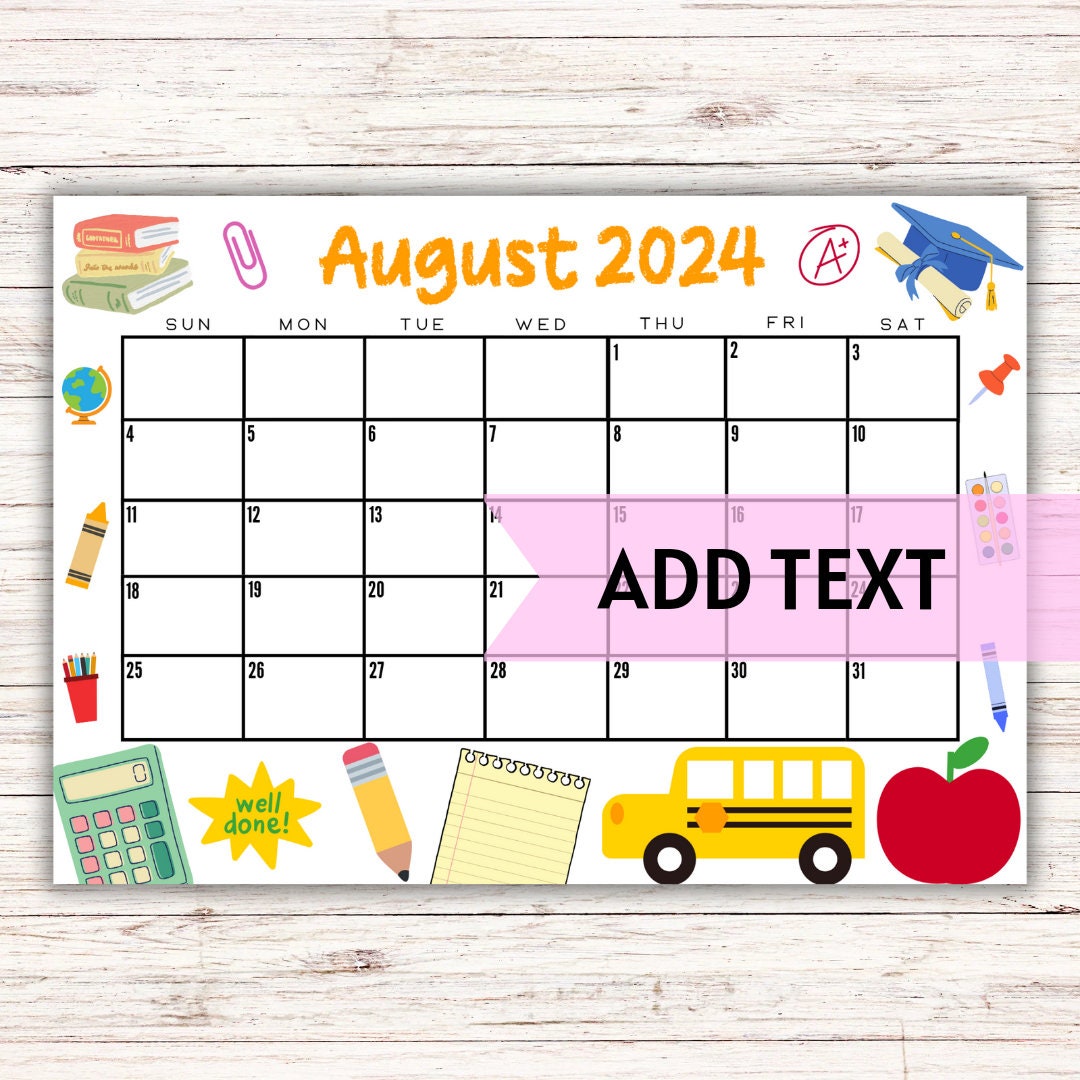 EDITABLE Printable August Calendar 2024 Back to School Calendar ...
