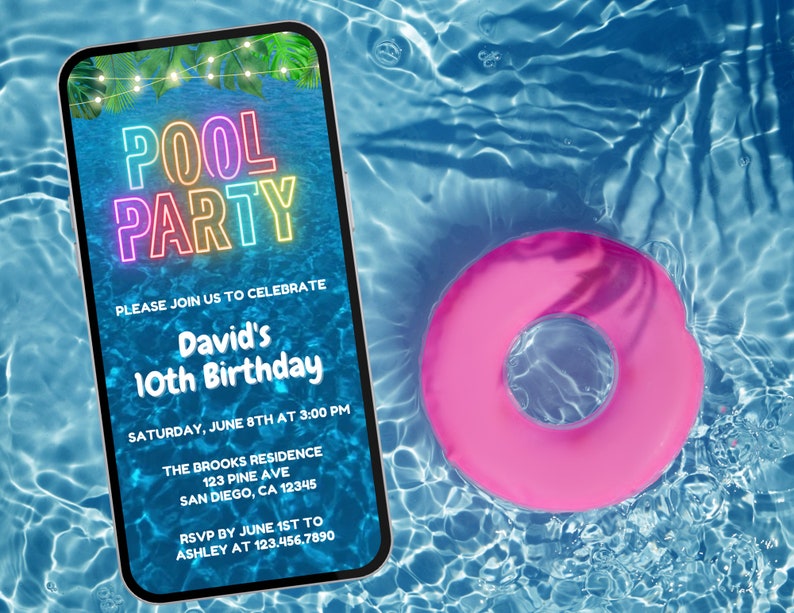 Animated Pool Party Birthday Invitation | Neon Pool Party Evite | Pool ...