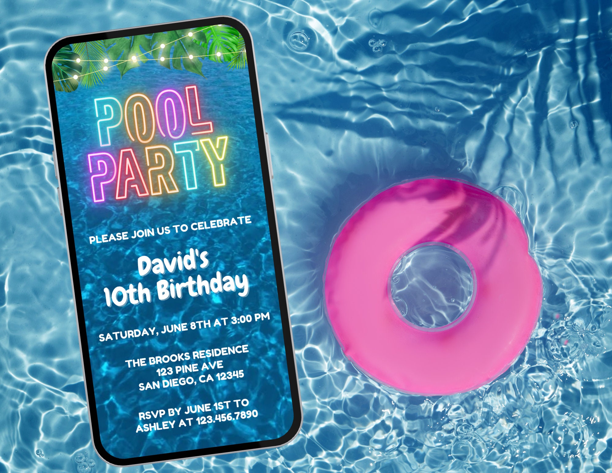 Animated Pool Party Birthday Invitation | Neon Pool Party Evite | Pool ...