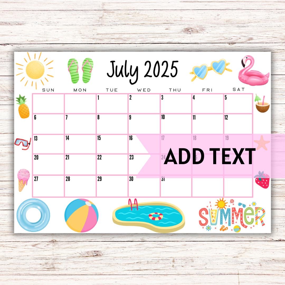 EDITABLE Printable July Calendar 2025 | Cute July Calendar With Pool ...