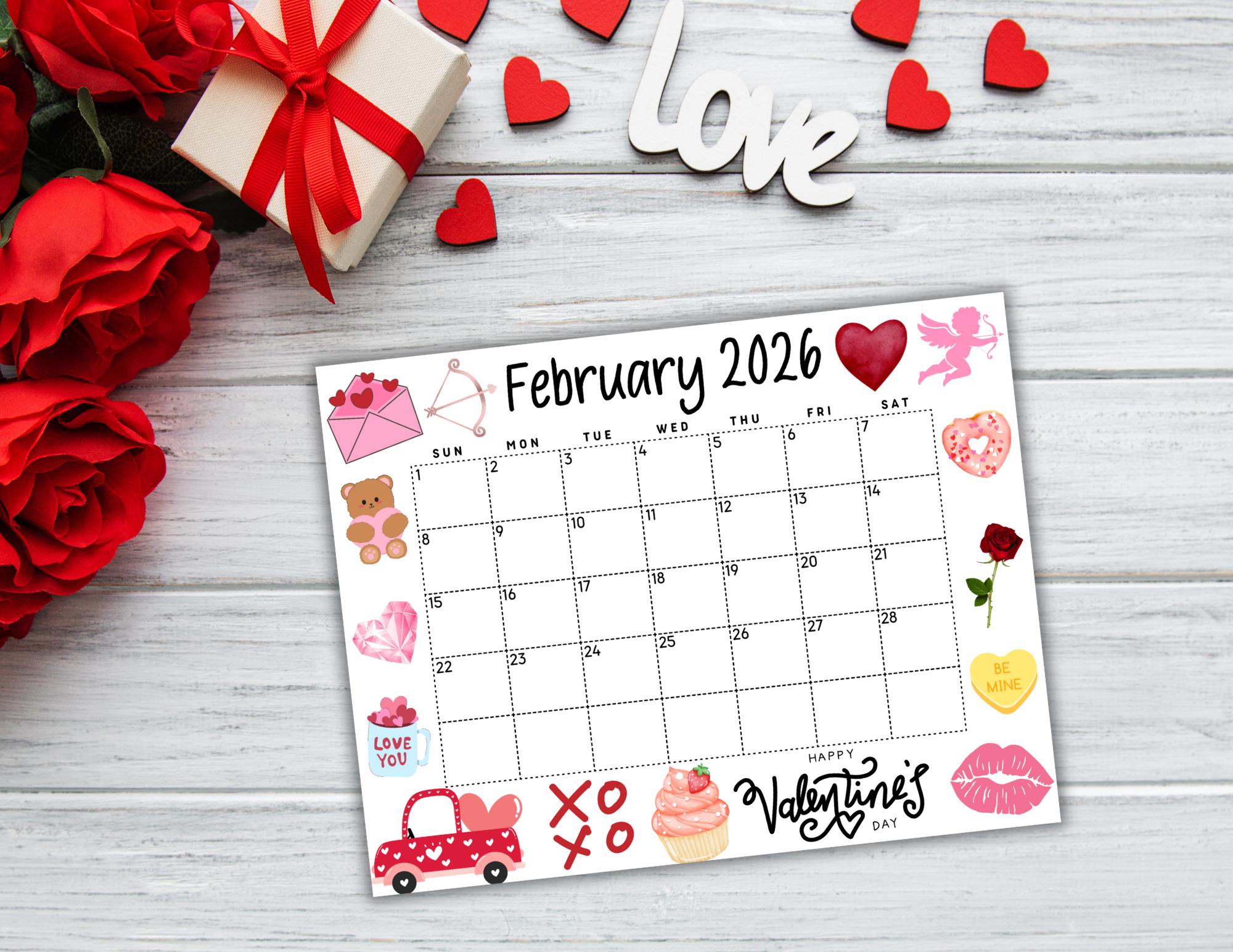EDITABLE Printable February Calendar 2026 | Cute Valentine's Day ...