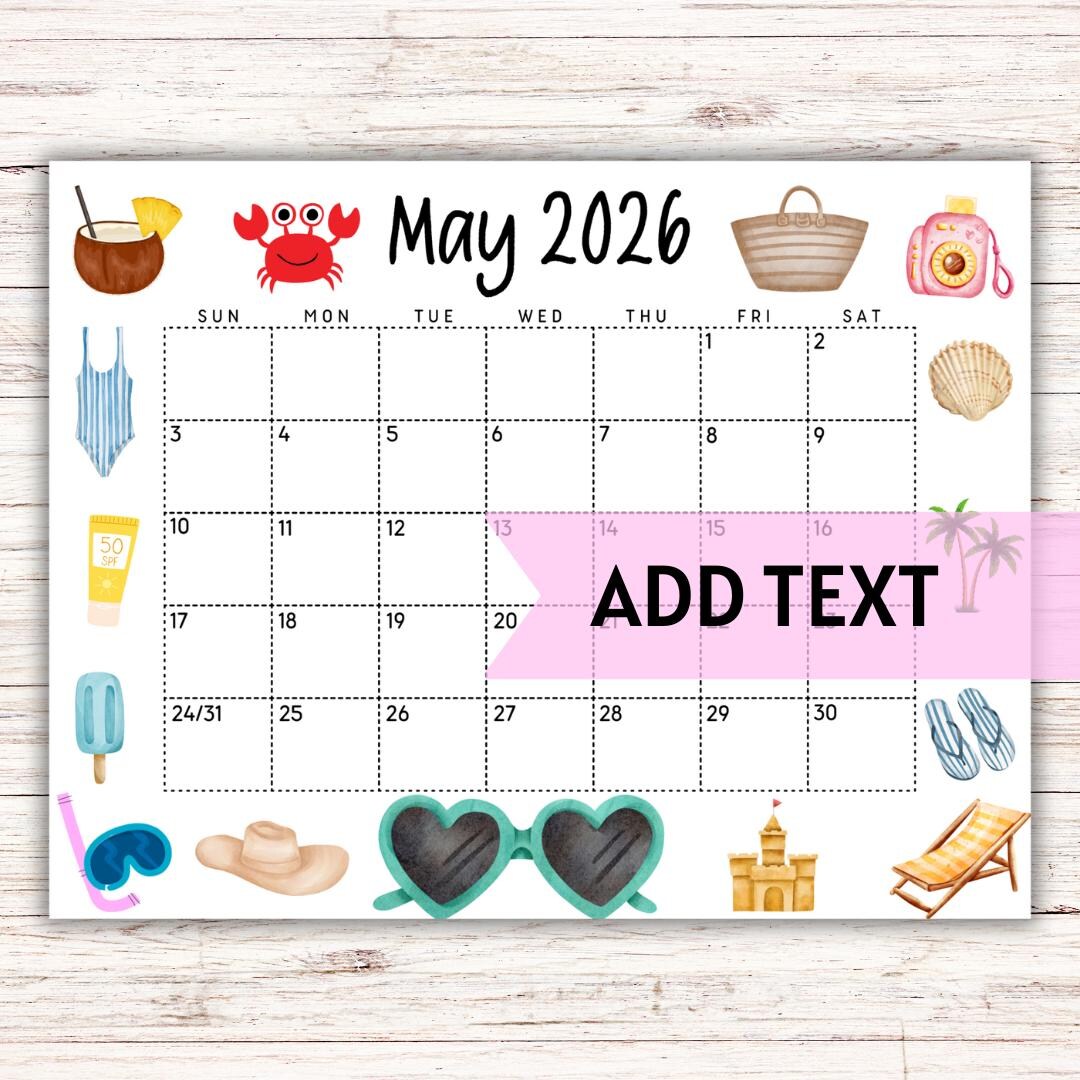 EDITABLE Printable May Calendar 2026 | Cute Beach Themed May Calendar ...