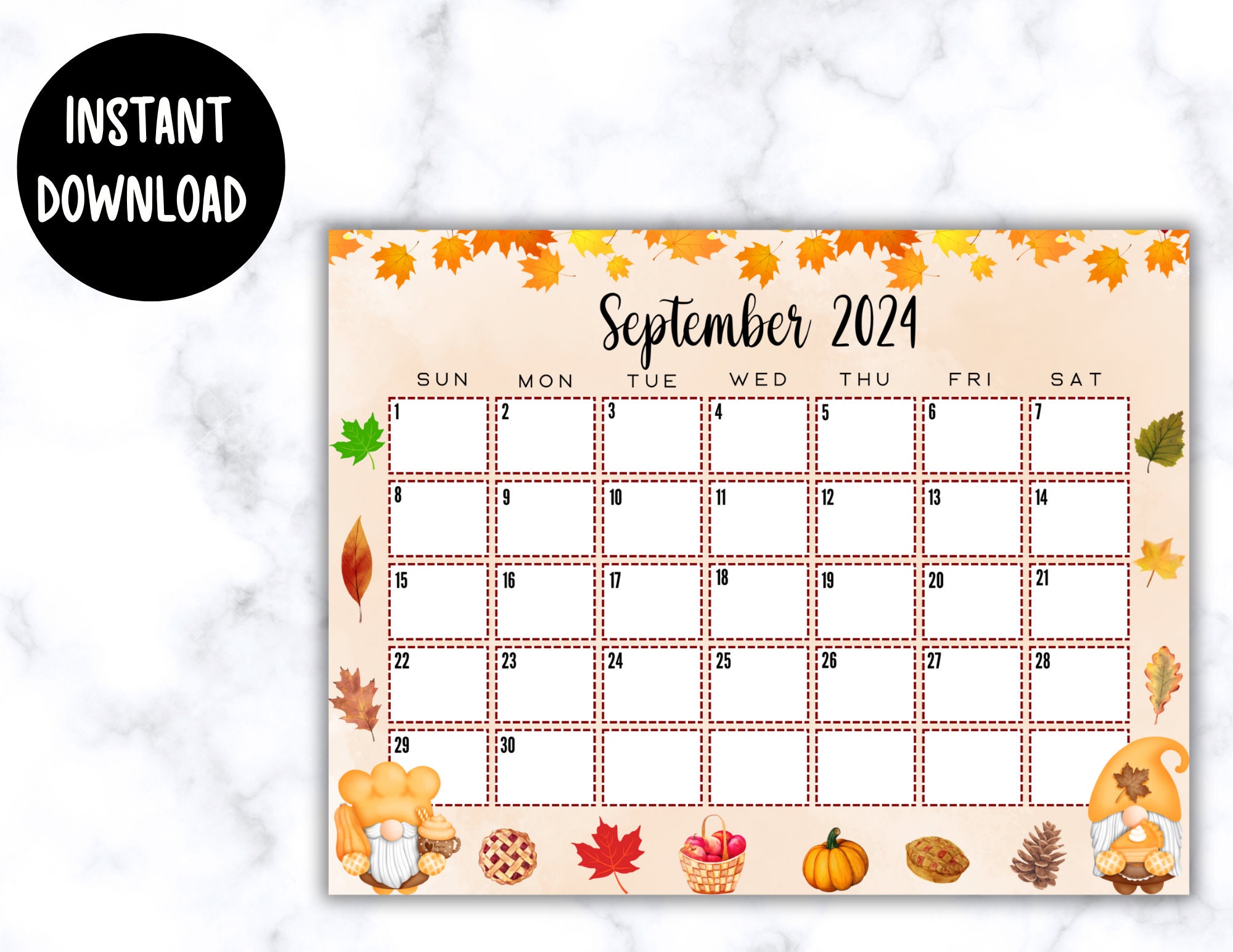 EDITABLE Printable September Calendar 2024 Cute Gnome Fall Calendar W ...